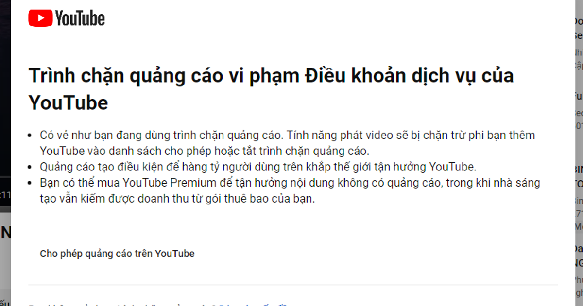 YouTube chặn tính năng phát video nếu người dùng sử dụng trình chặn quảng cáo